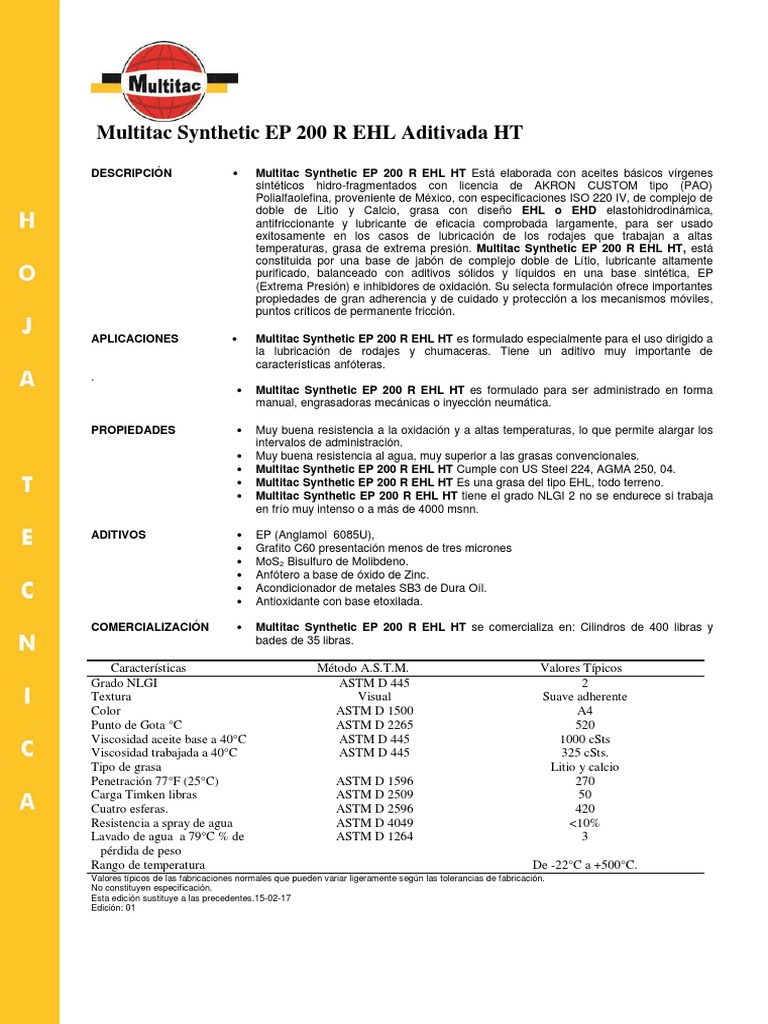 HT Multitac Synthetic EP 200 R EHL Súper Aditivada HT | PDF ...