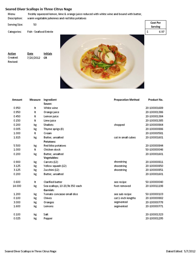 Seared Diver Scallops in Three Citrus Nage 7.20.12 | PDF | Butter | Potato