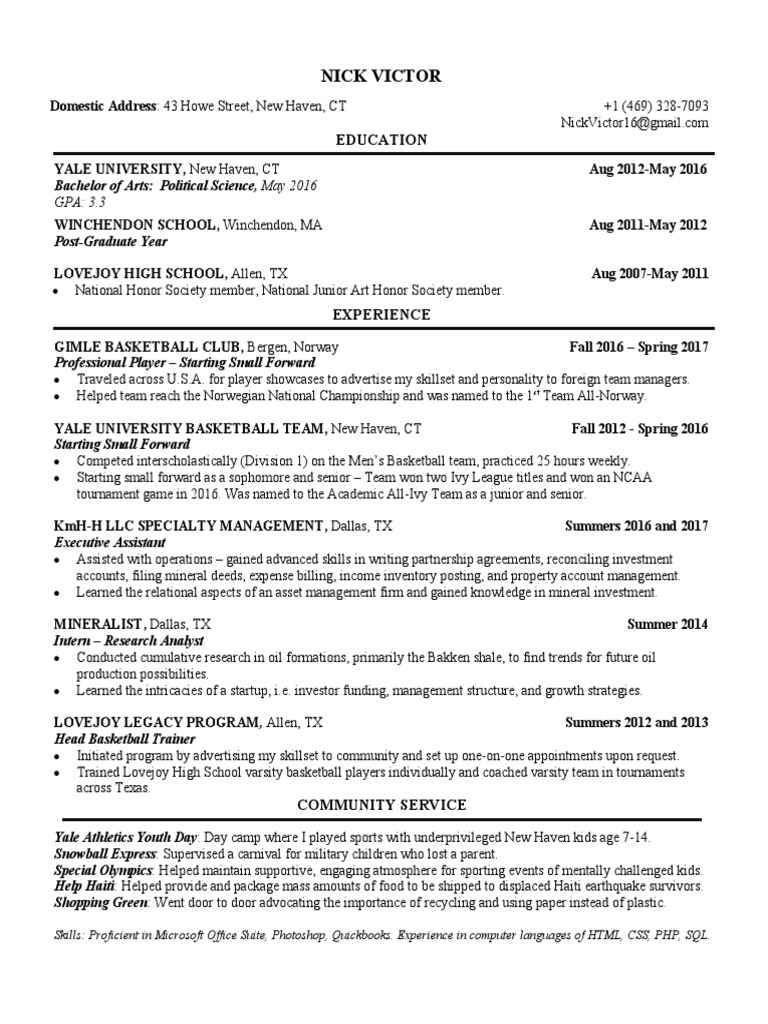 Nick Victor Resume (Yale '16) 5.11.2017 | PDF | Business | Sports