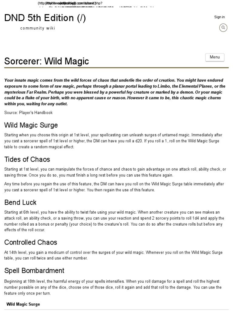 Sorcerer - Wild Magic - DND 5th Edition | PDF | Dungeons & Dragons | Nature
