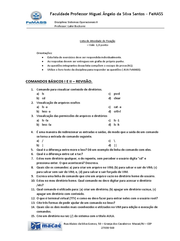 Lista de Exercícios - Comandos Básicos I e II | PDF | Linux | Sistema ...
