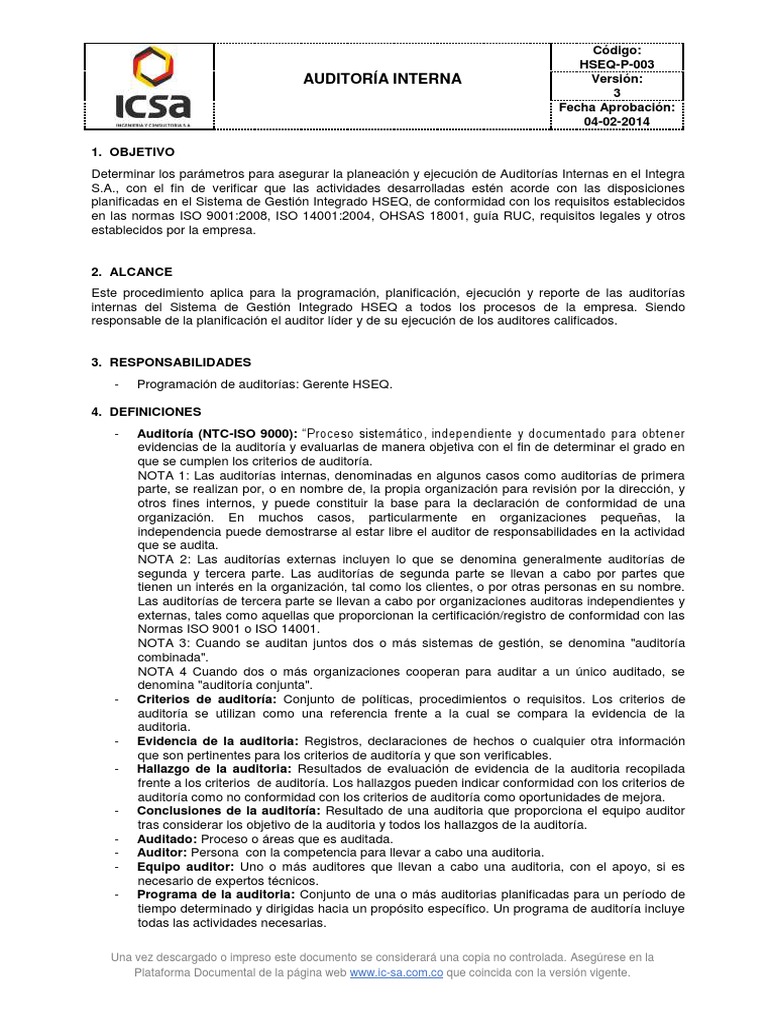 HSEQ-P-003 Auditoría Interna | PDF | Auditoría | Contralor