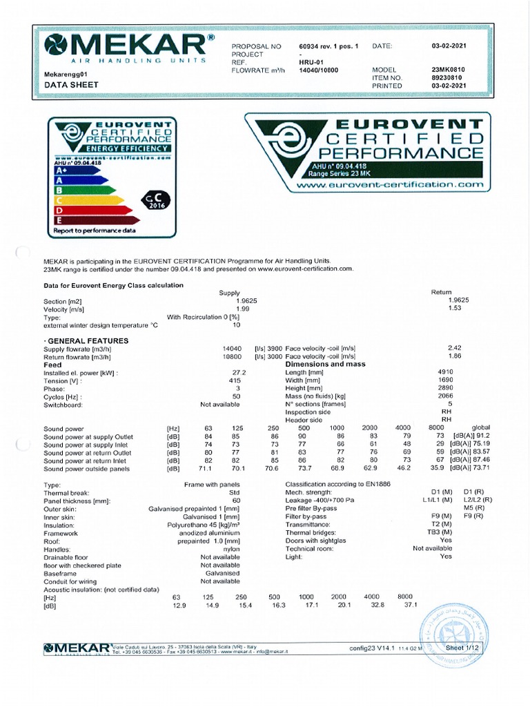 AHU Selection Sheets | PDF