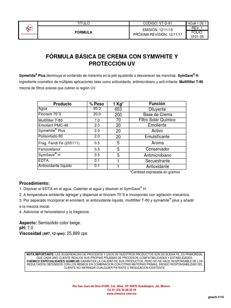 1c001 35 Fórmula Básica de Crema Con Symwhite y Protección Uv | PDF ...
