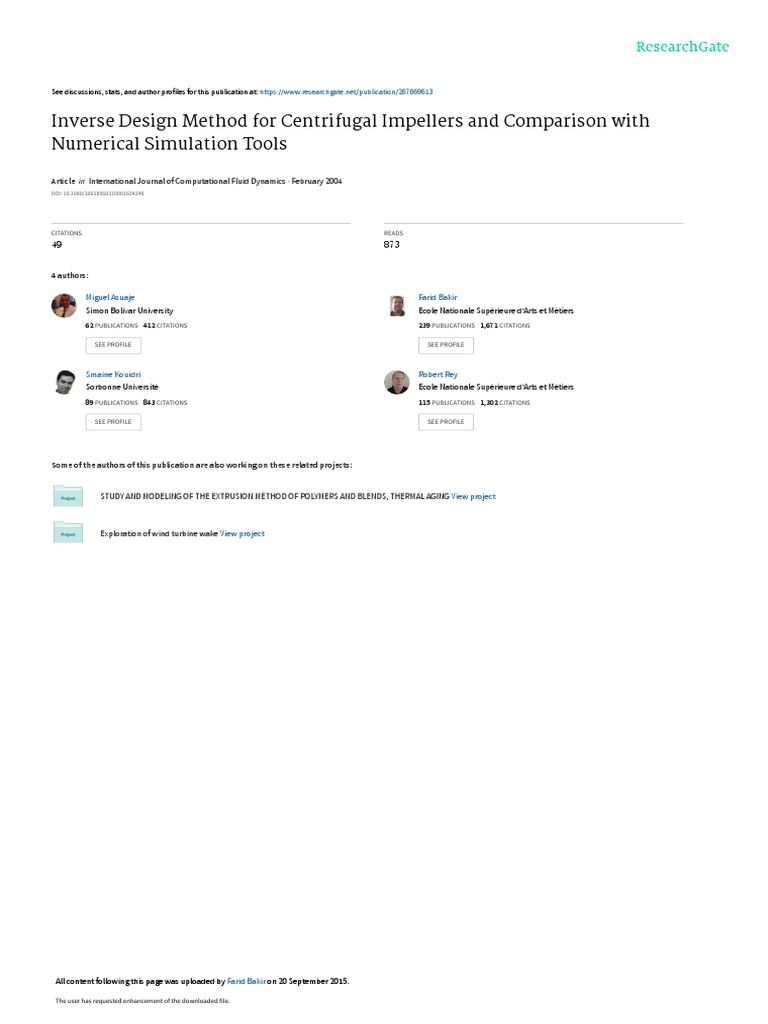 Inverse Design Method For Centrifugal Impellers and Comparison With Numerical Simulation Tools ...