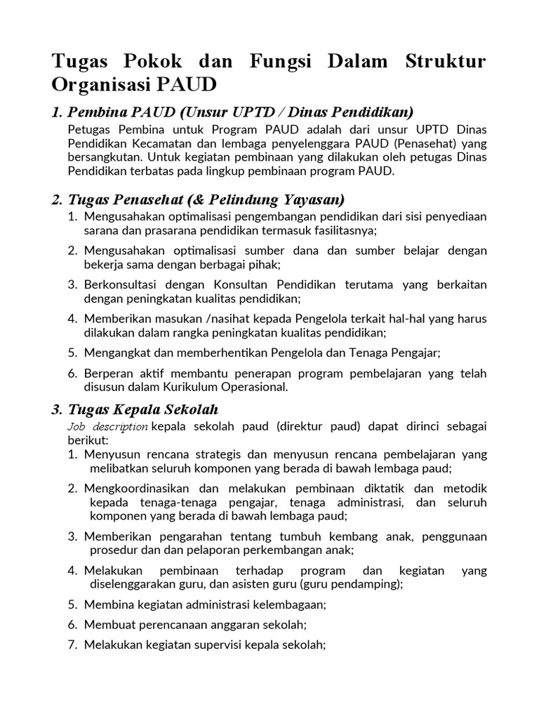 Tugas Pokok Dan Fungsi Dalam Struktur Organisasi PAUD | PDF