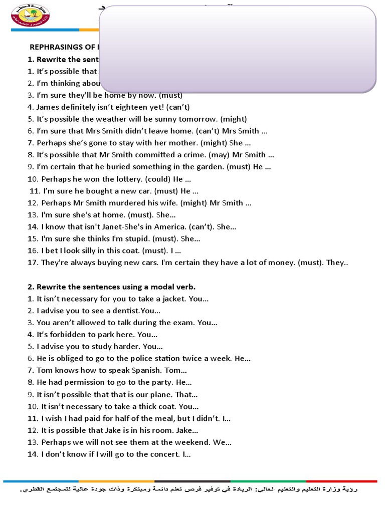 Rewrite The Sentences Using The Modal Verbs in Brackets | PDF | Grammar