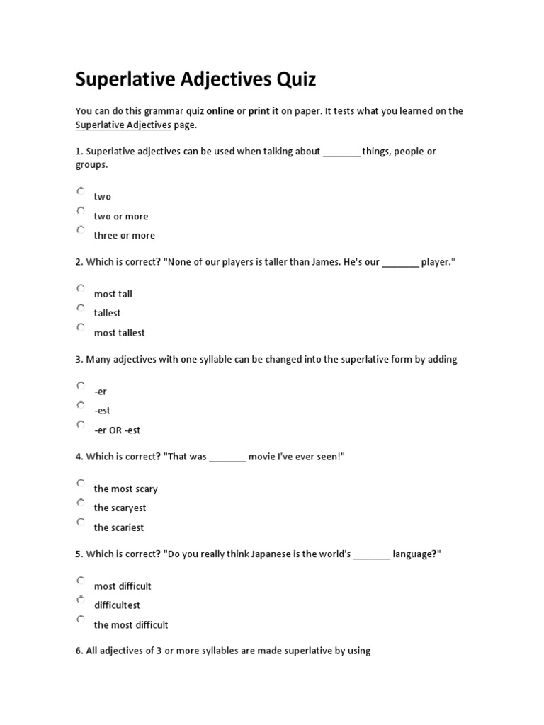 Superlative Adjectives Quiz Online | PDF