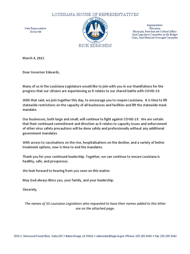 FINAL 3-4-21 Reopen Letter | PDF | Louisiana | The United States