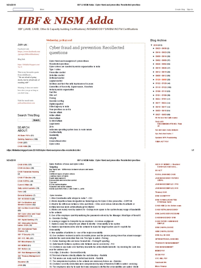 IIBF & NISM Adda - Cyber Fraud and Prevention Recollected Questions | PDF | Automated Teller ...