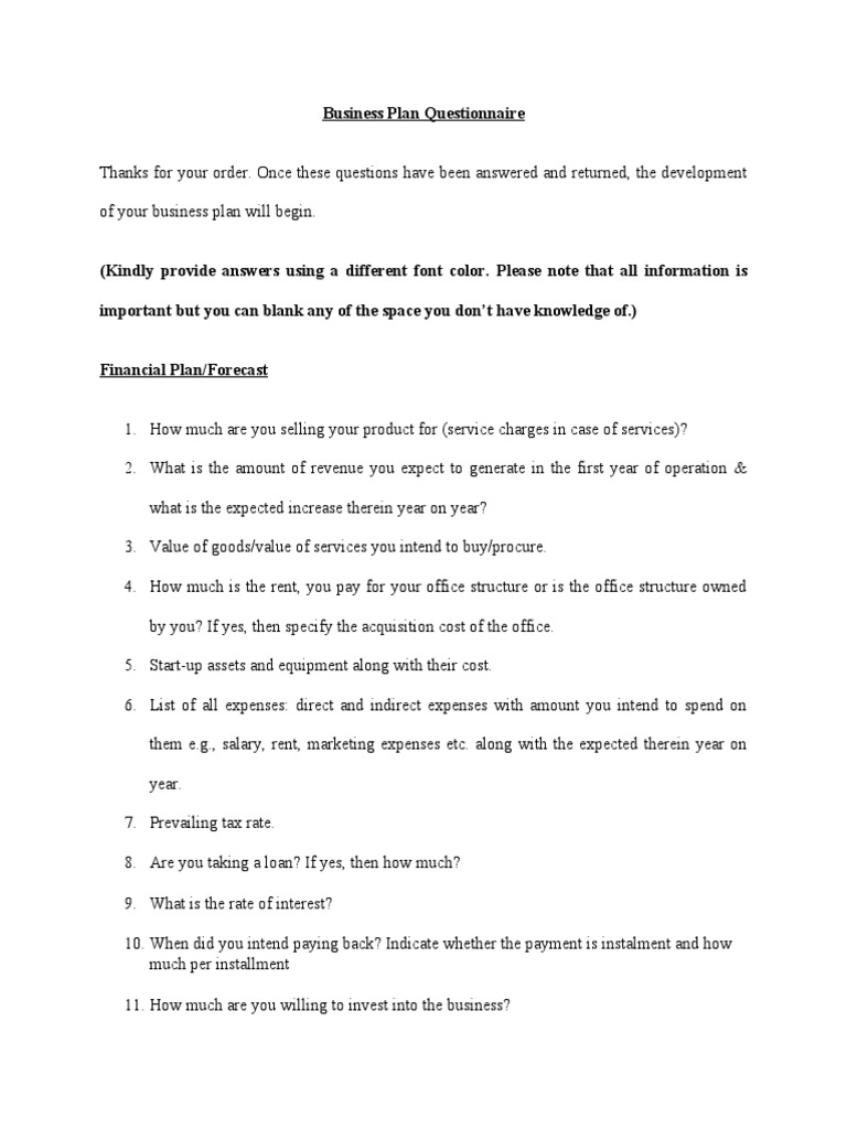 Business Plan (Questionnaire) | PDF