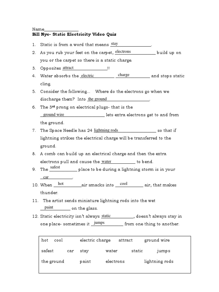 Bill Nye Static Electricity Quiz | PDF | Home & Garden | Science ...