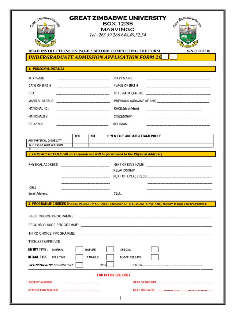 Undergraduate Admission Application Form 20: Great Zimbabwe University ...