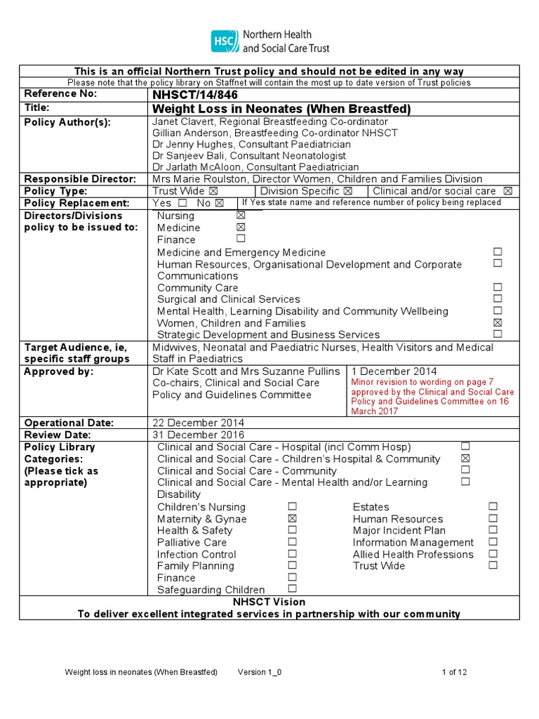 NHSCT/14/846 Weight Loss in Neonates (When Breastfed) | PDF ...