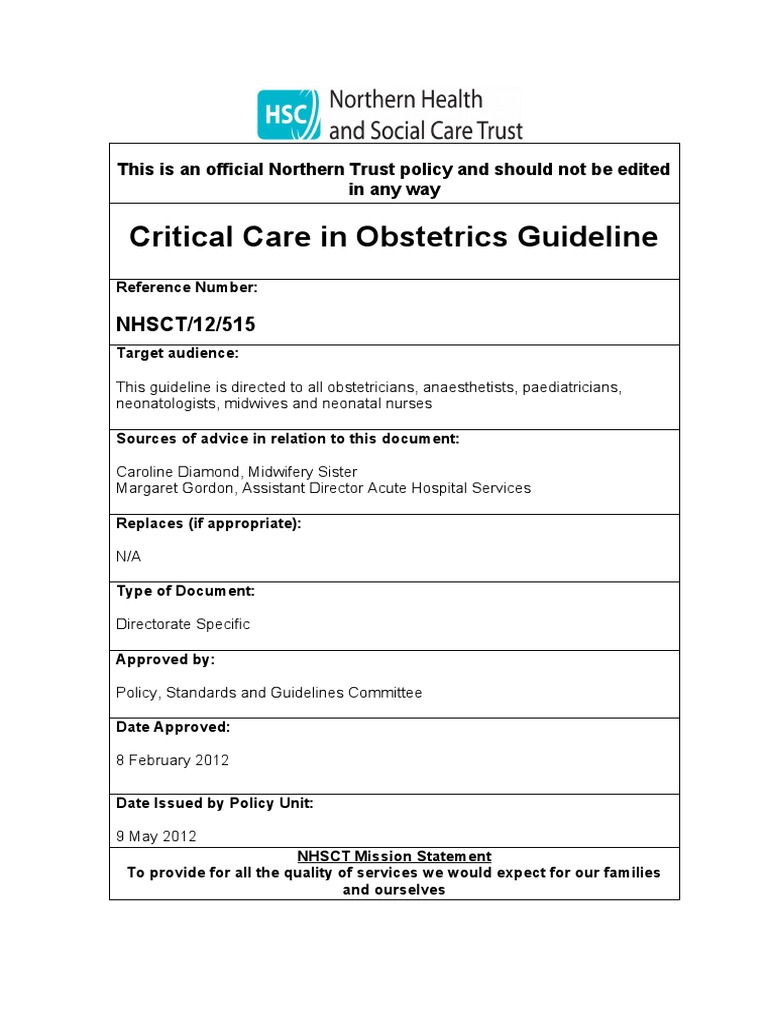 Critical Care in Obstetrics Guideline: NHSCT/12/515 | PDF | Obstetrics ...