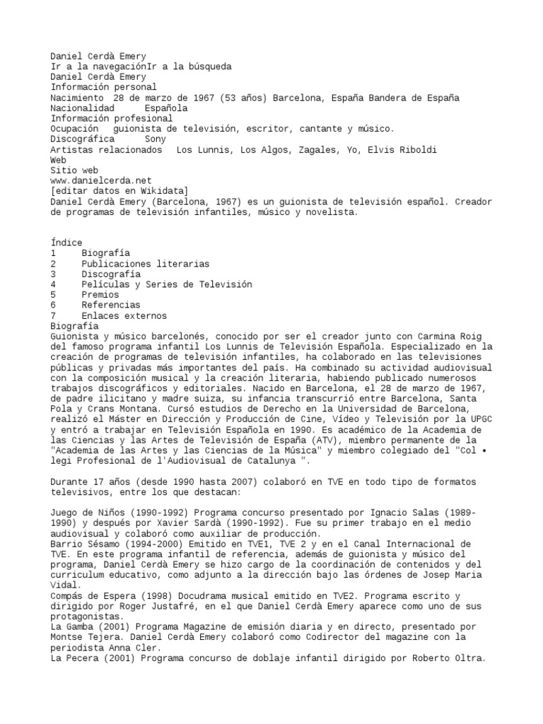 Daniel Cerdà: Creador de Los Lunnis | PDF | Red de televisión | Medios ...