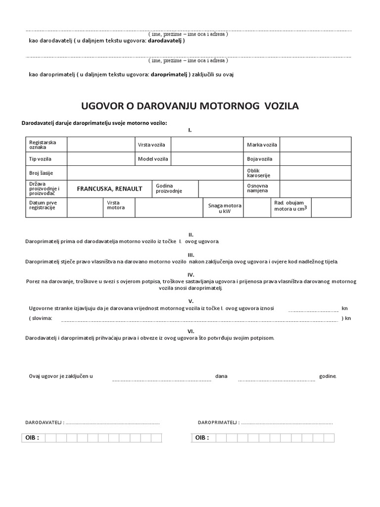 Ugovor o Darovanju Motornog Vozila - 2021.god. | PDF