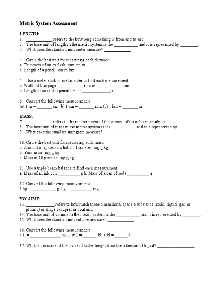Metric System Assessment | PDF | Teaching Methods & Materials