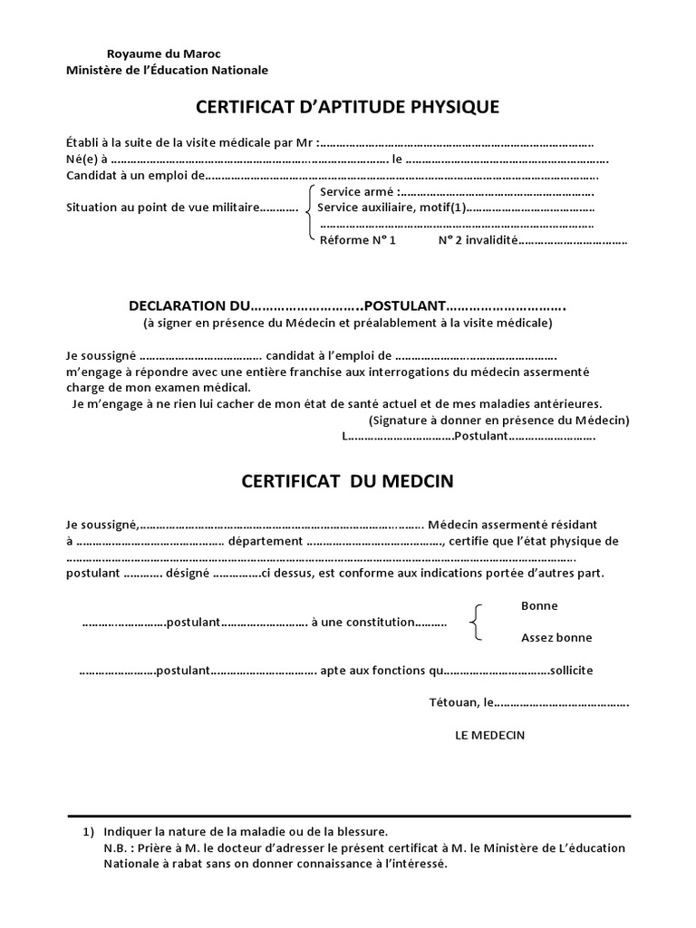 Certificat Aptitude Physique 1 | PDF | Médecin | Sciences de la santé
