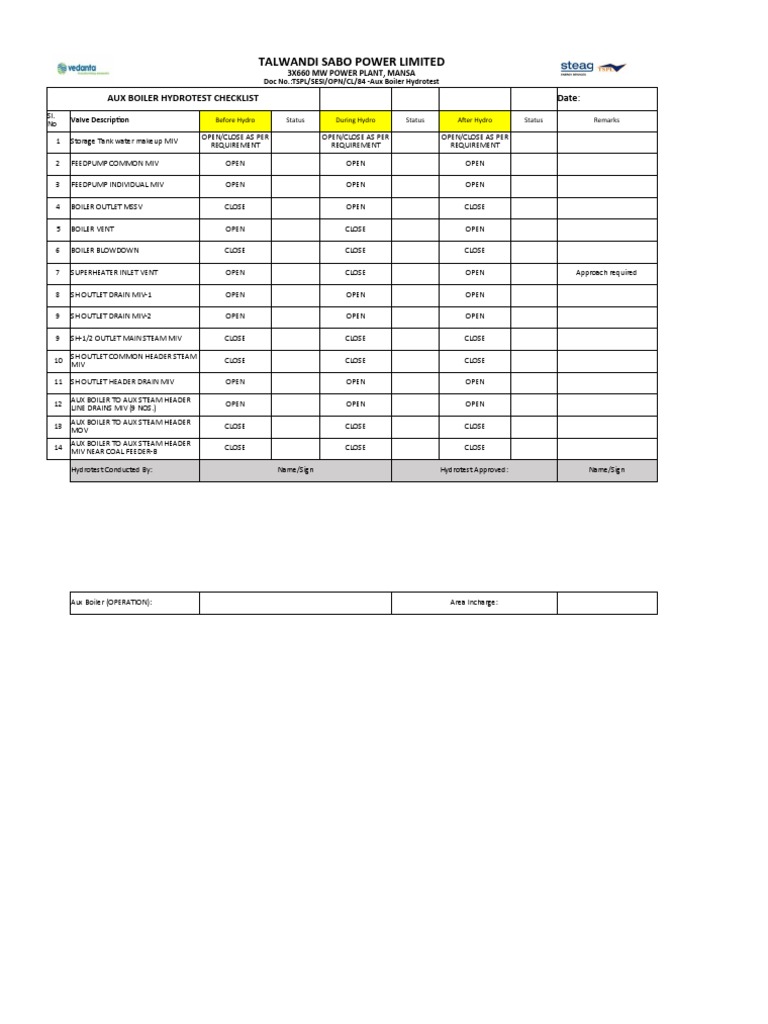 84 Auxiliary Boiler Checklist | PDF | Chimney | Boiler