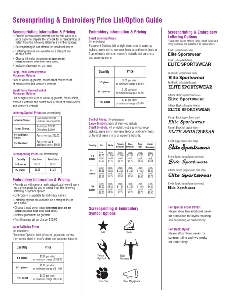 Screenprinting & Embroidery Price List/Option Guide | Download Free PDF ...