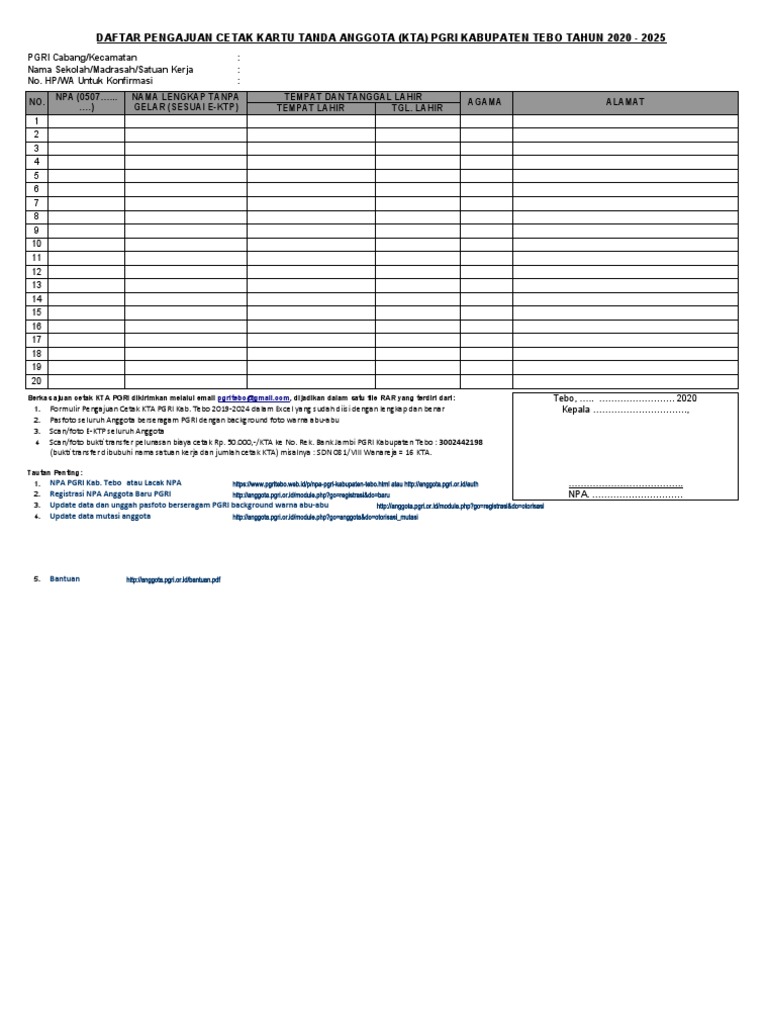 Form Pengajuan Cetak KTA PGRI Tebo 2020-2025 Kolektif | PDF