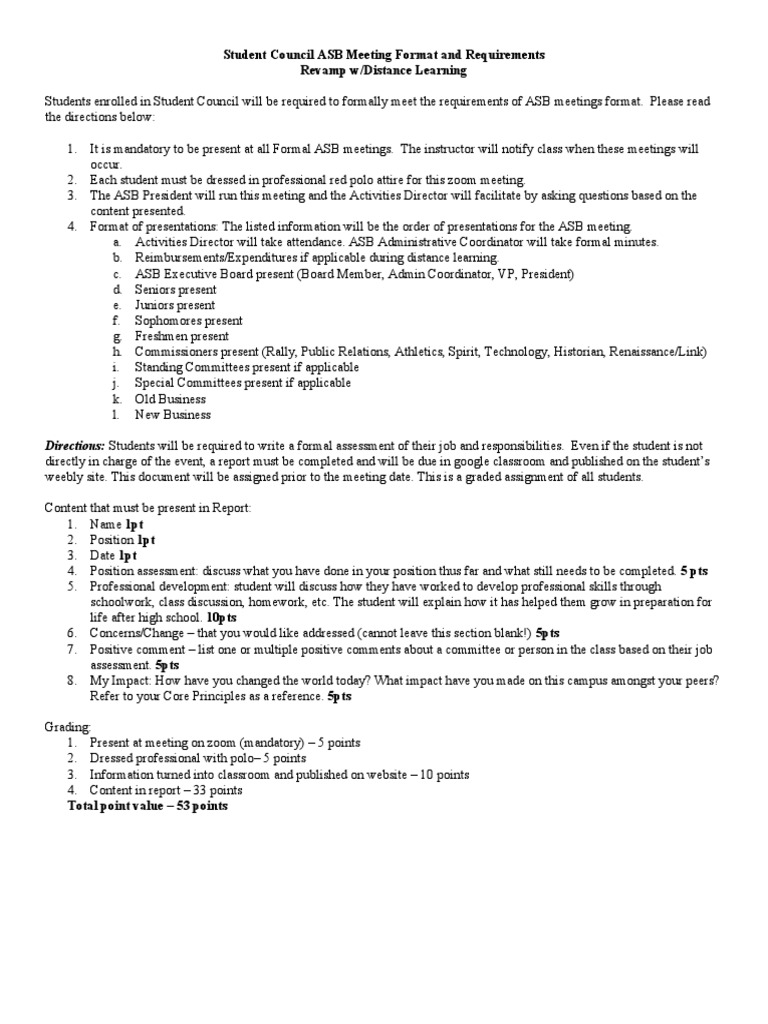 Student Council Asb Meeting Format and Requirements Revamp Covid | PDF ...