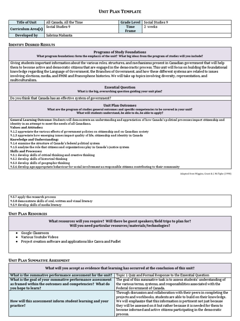 ss9 Canadian Federal Government - Unit Plan | PDF | Educational ...