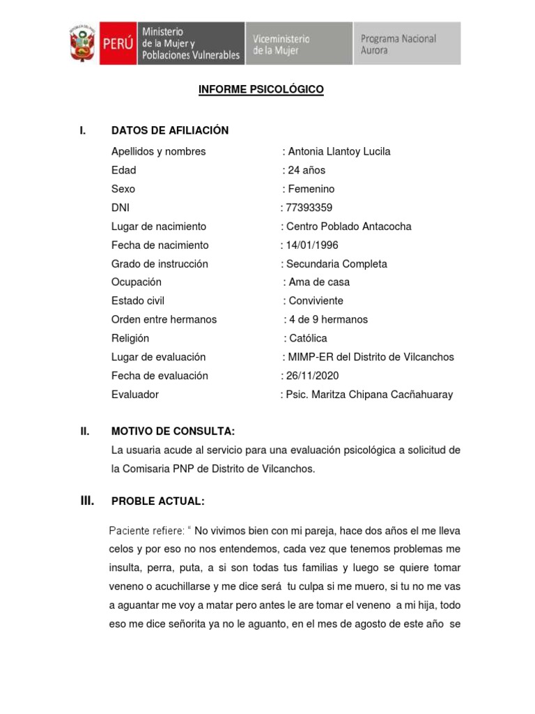 Informe Psicologico PNC | PDF | Las emociones | Autoestima