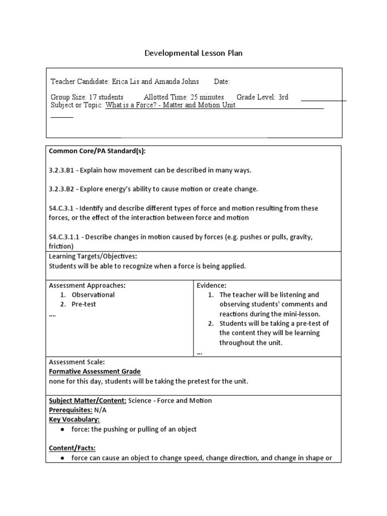 Developmental Lesson Plan: Common Core/PA Standard(s) | PDF | Force ...