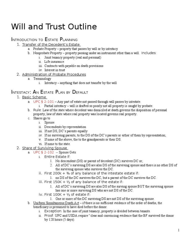Will and Trust Outline: 1. A. B. I. Ii. Iii. Iv. 2. A. I | PDF | Will ...
