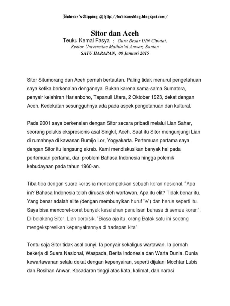 Sitor Dan Aceh (Teuku Kemal Fasya, SATU HARAPAN 1501) | PDF | Klasik | Fiksi Umum