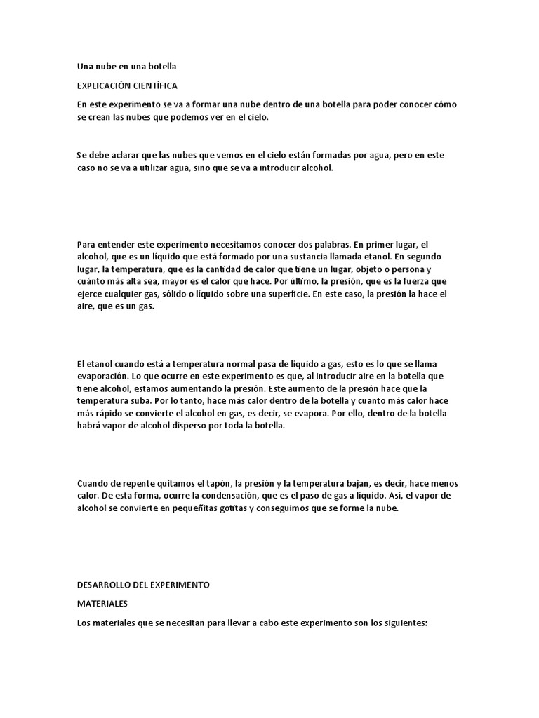 Nube en una botella: experimento sencillo | PDF