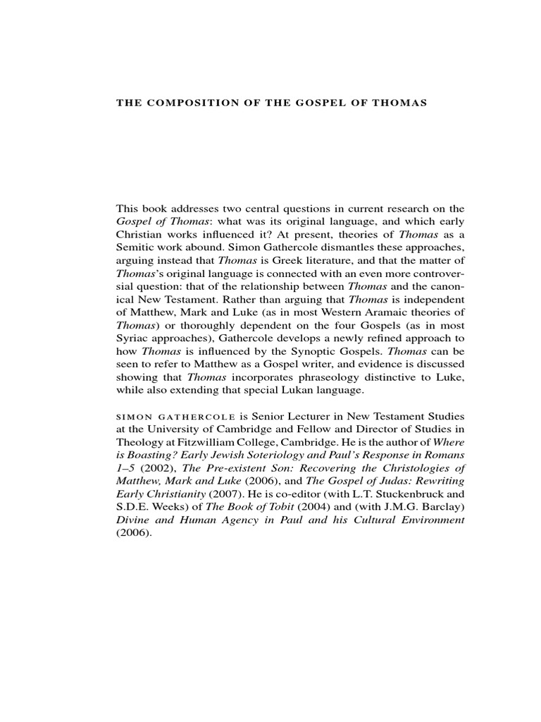 Simon Gathercole - The Composition of The Gospel of Thomas - Original ...