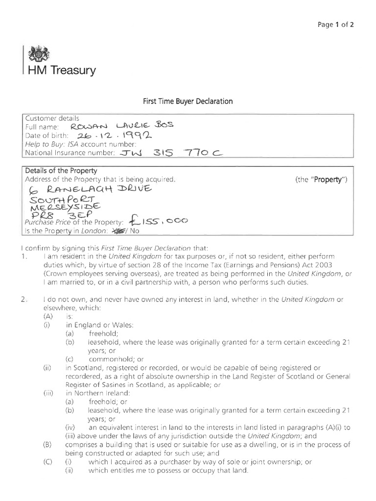Signed First Time Buyer Declaration | PDF