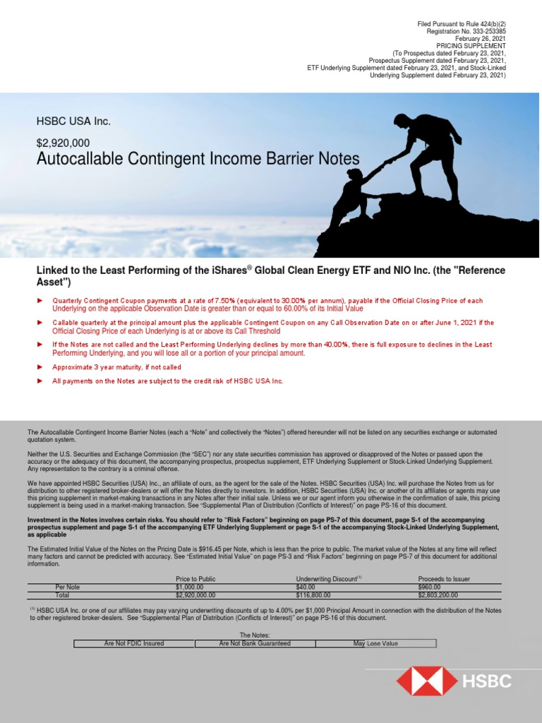Autocallable Contingent Income Barrier Notes: HSBC Usa Inc. $2,920,000 ...