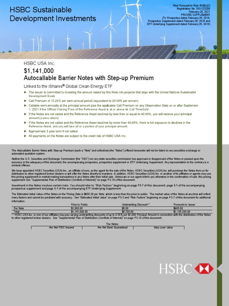 $1,141,000 Autocallable Barrier Notes With Step-Up Premium: HSBC Usa ...