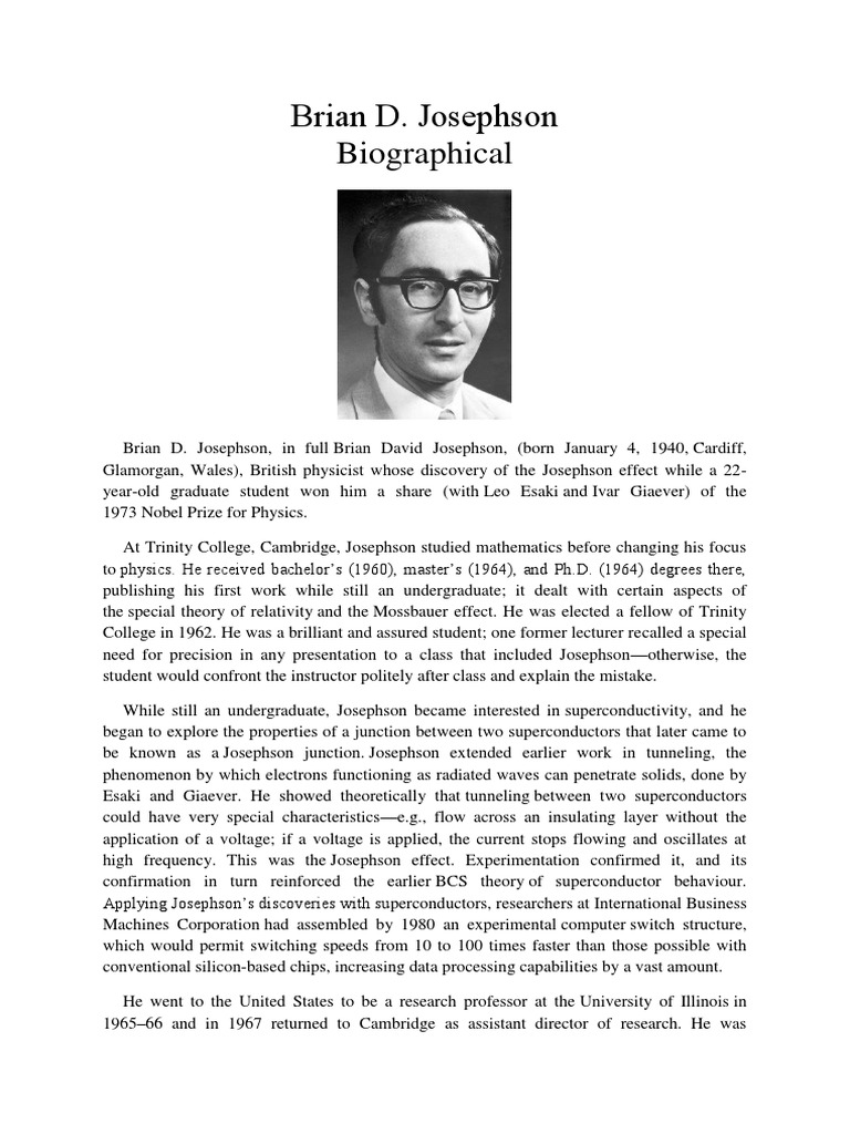 Brian D. Josephson Bography | PDF | Superconductivity | Physics