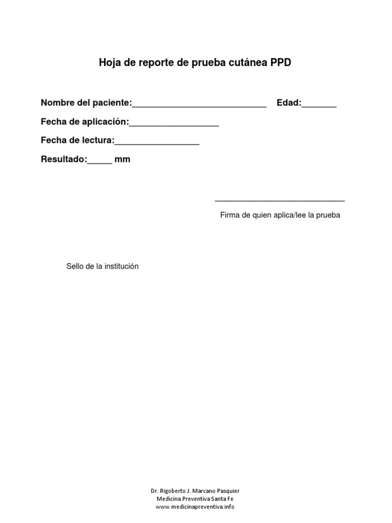 Hoja de Reporte de Prueba Cutanea PPD | PDF