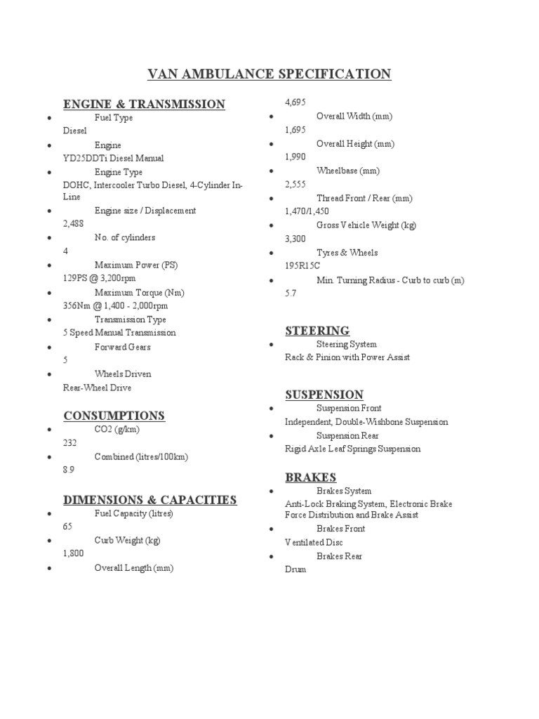VAN Ambulance Specs | PDF | Steering | Transmission (Mechanics)