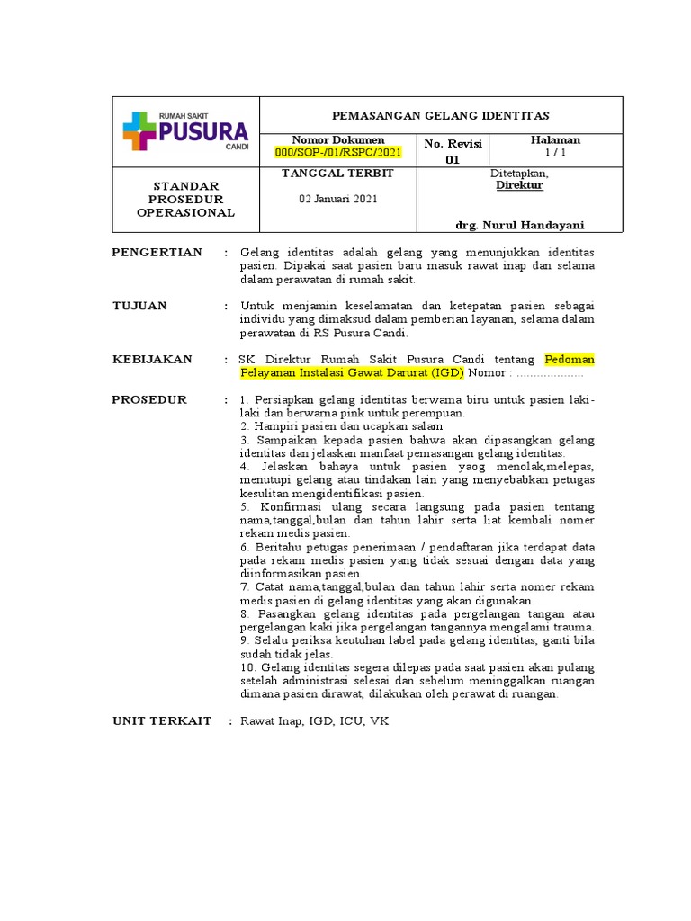 Sop Pemasangan Gelang Identitas | PDF