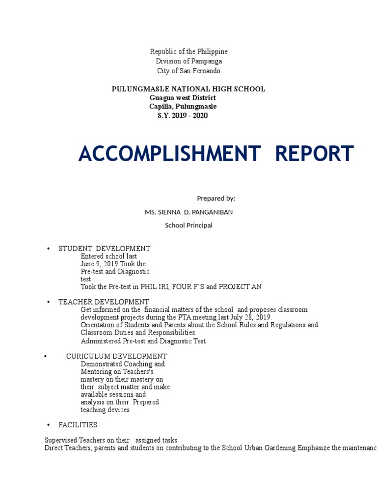 Accomplishment Report: Pulungmasle National High School Guagua West ...