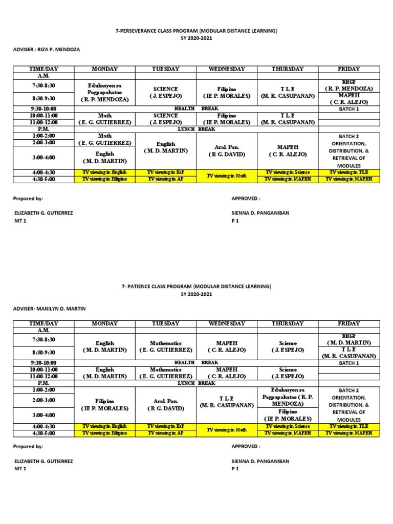 G7 Class Schedule | PDF | Science And Technology | Science