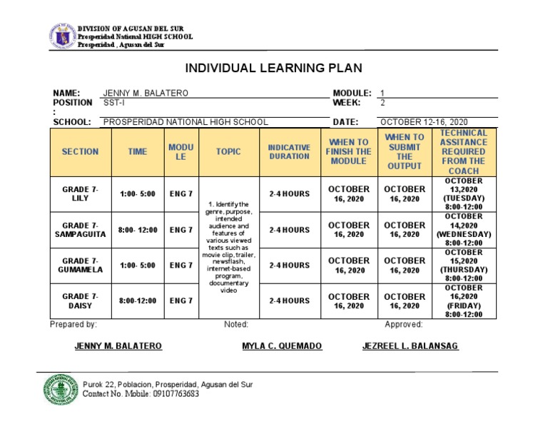 Individual Learning Plan for Grade 7 | PDF