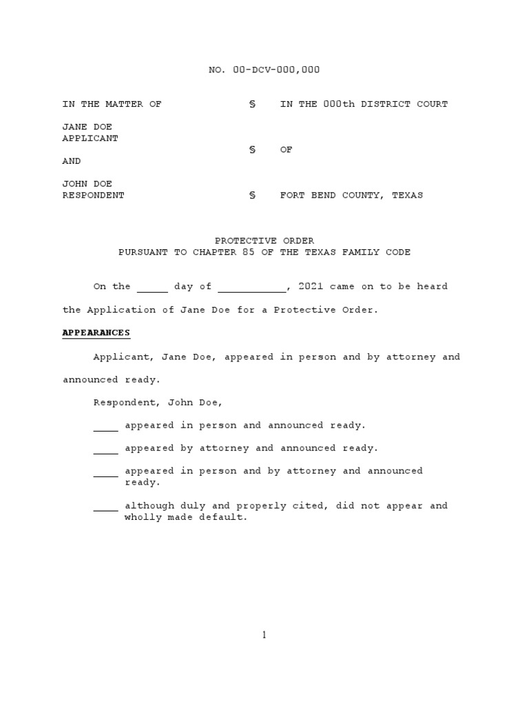 Fort Bend Gun Surrender Order A-Application - Final Protective Order ...