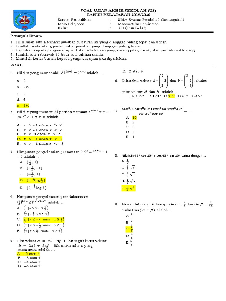 Soal Ujian Sekolah Matematika Peminatan | PDF | Metode & Bahan Ajar