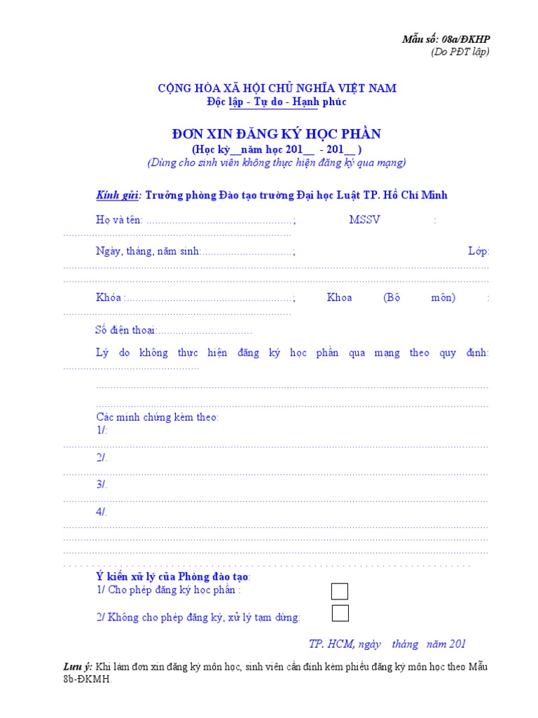 Mau 8a Don Xin Dang Ky Mon Hoc | PDF