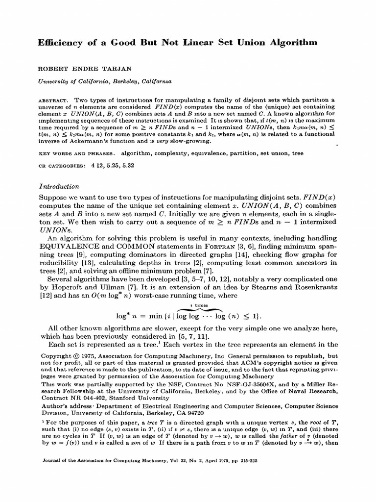 Efficiency of A Good But Not Linear Set Union Algorithm. Tarjan | PDF | Theoretical Computer ...