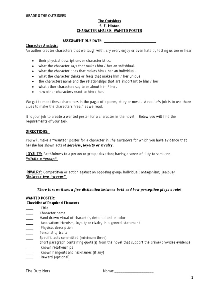 Character Profile-Wanted Poster-Outsiders | PDF