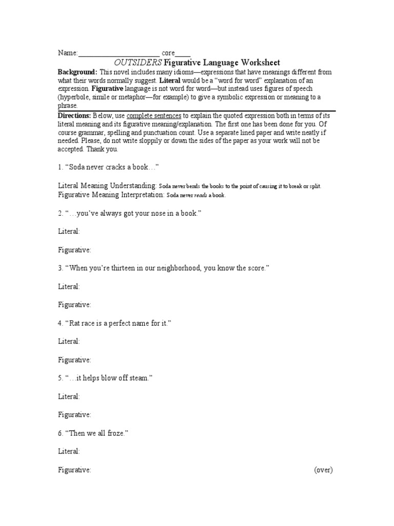 Outsiders Figurative Language Worksheet | PDF